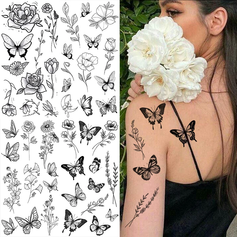 Black-Large-Flower-False-Tattoo-Sticker-For-Women-Rose-Peony-Temporary ...