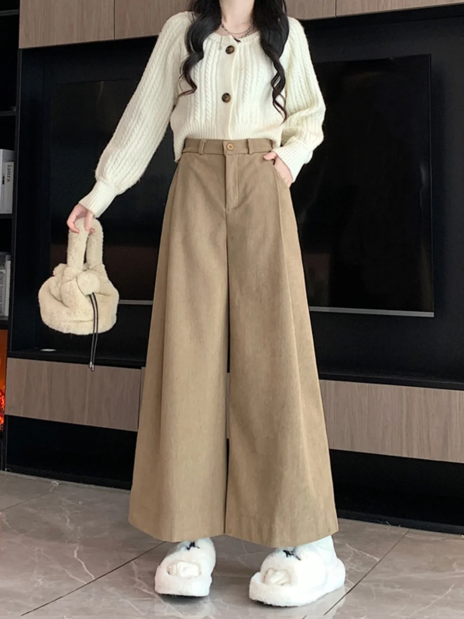 Corduroy-Pleated-Wide-Leg-Pants-Womens-Buttons-Elastic-High-Waist ...