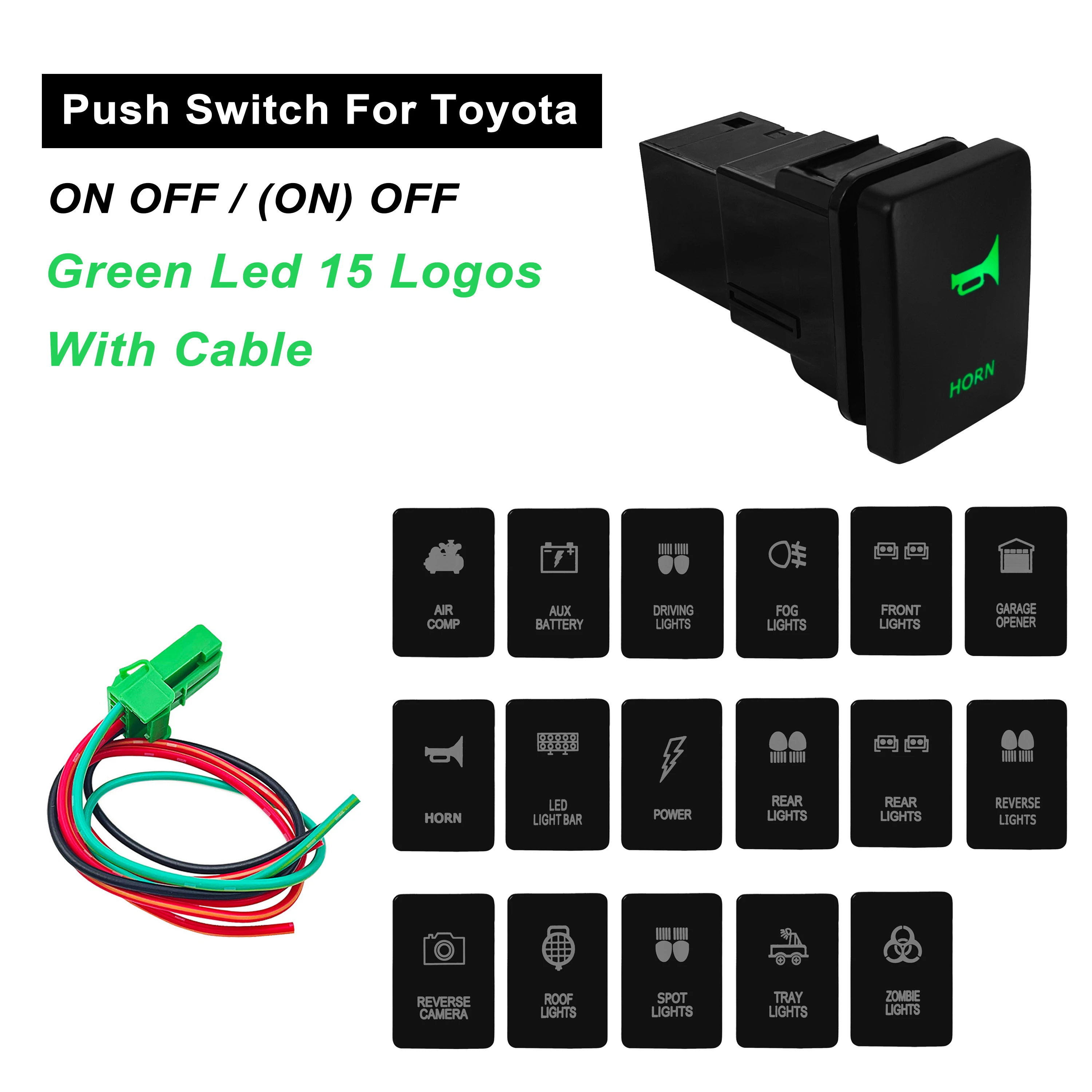 12V Car Push Button Switch With Cable Connector Green Led Light bar For ...