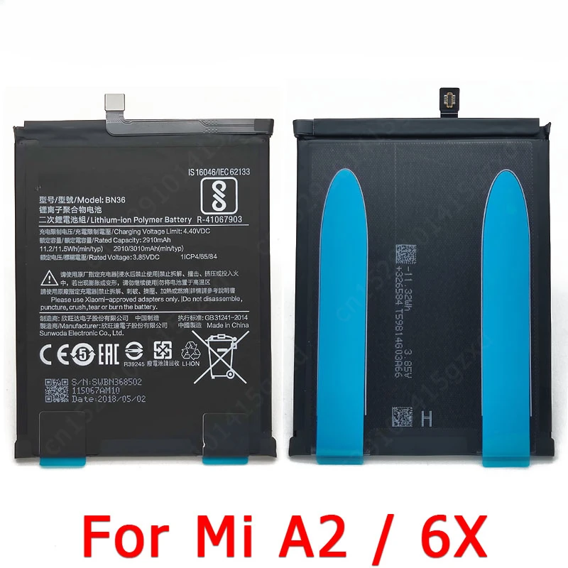 100-For-Xiaomi-Mi-A2-6X-Battery-BN36-2910mAh-Batteries-Li-ion-Built-in ...