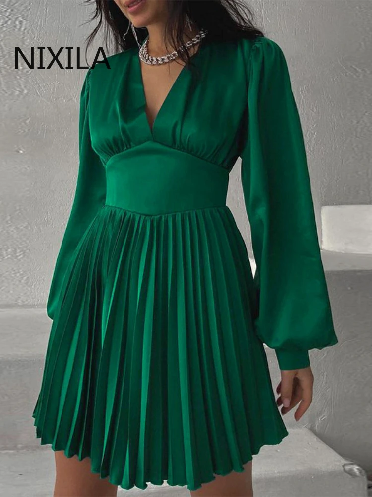 Voorjaar 2023 Mooie Elegante Vrouwen Satin Groene Jurk Zijde A lijn ...