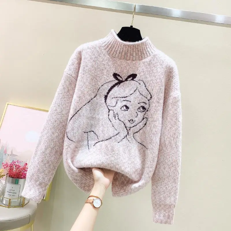 Women-s-Half-High-Collar-Herringbone-Screw-Thread-Pullovers-Tops-Autumn ...