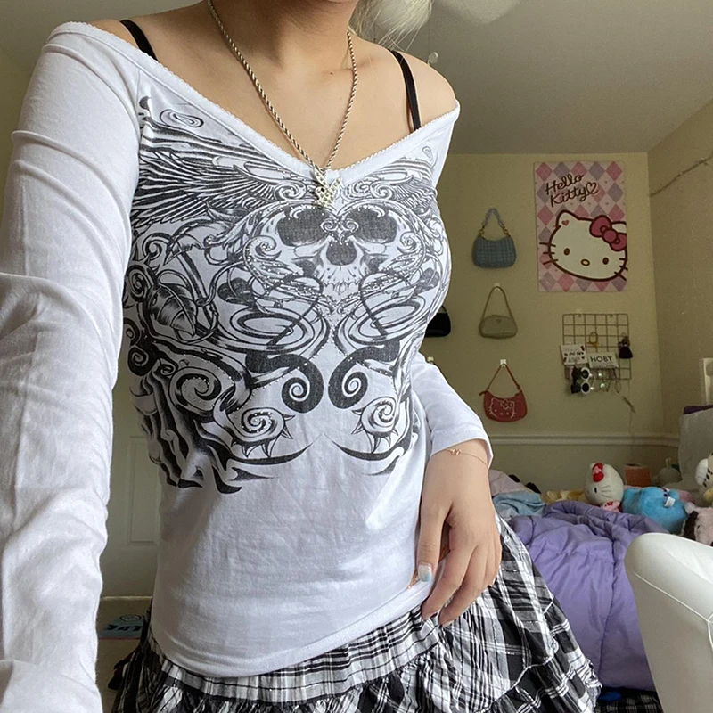 Rhinestone Skull Graphic Print Y2k T-shirt White Vintage Mall Goth Long Sleeve Top 00s Retro ...