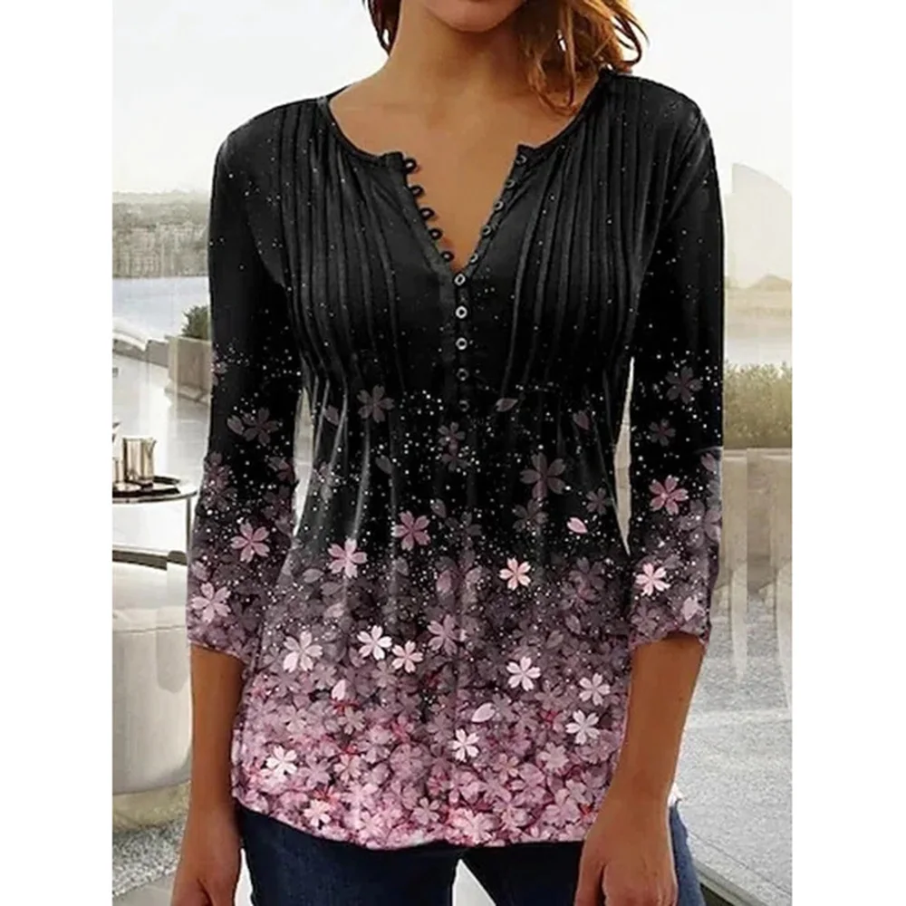 Camiseta-feminina-de-bot-o-com-decote-em-v-estampa-de-ver-o-top-de ...