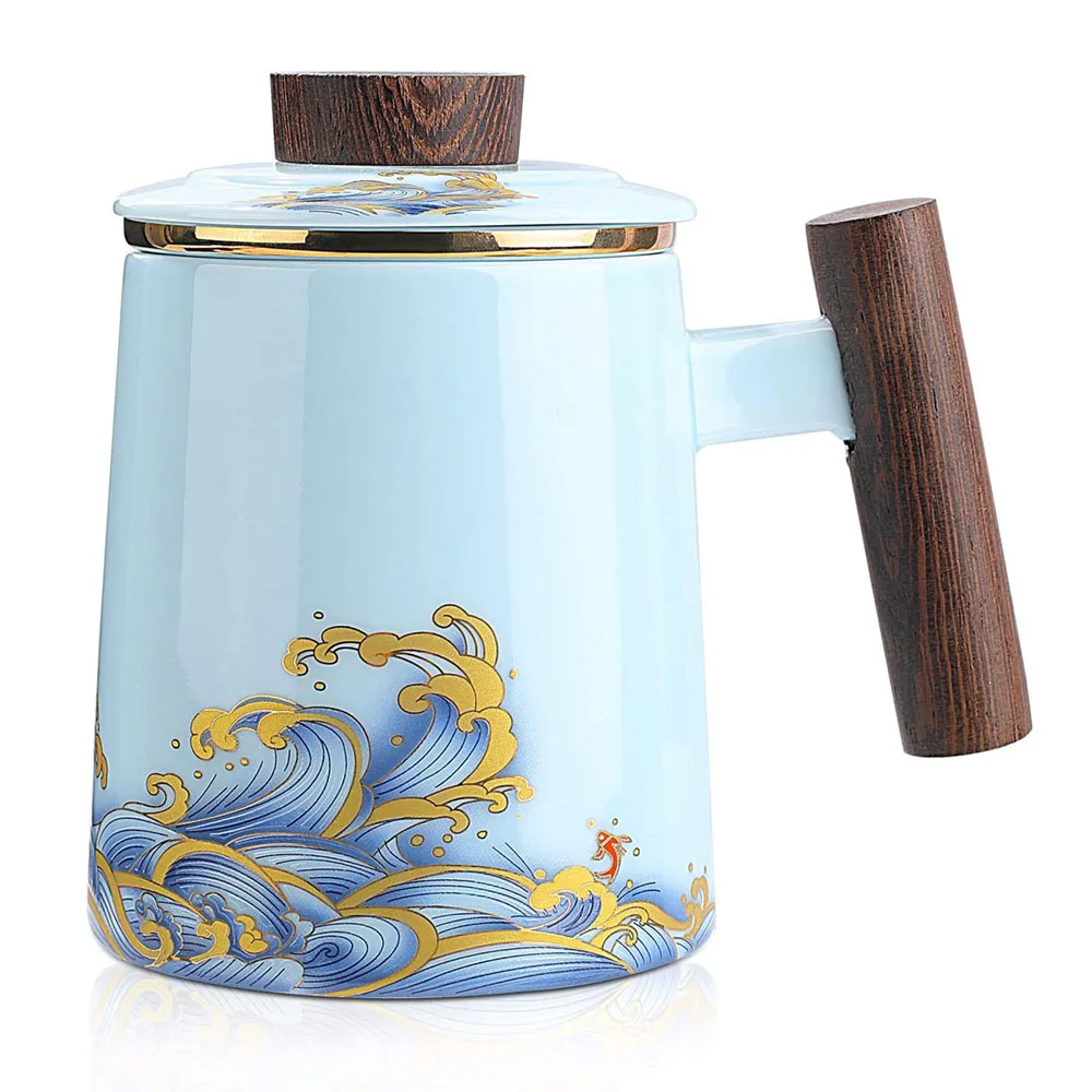 Tea Cup with Infuser and Lid,Ceramic Tea Mug with Pure Gold Ring, Tea ...