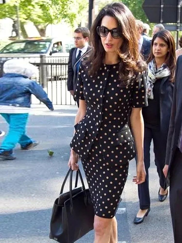 여성용 캐주얼 펜슬 스커트 세트, 빈티지 소녀 패션, 연예인 독특한 도트 프린트, 고품질 셔츠 탑, 블랙, 여름 신상