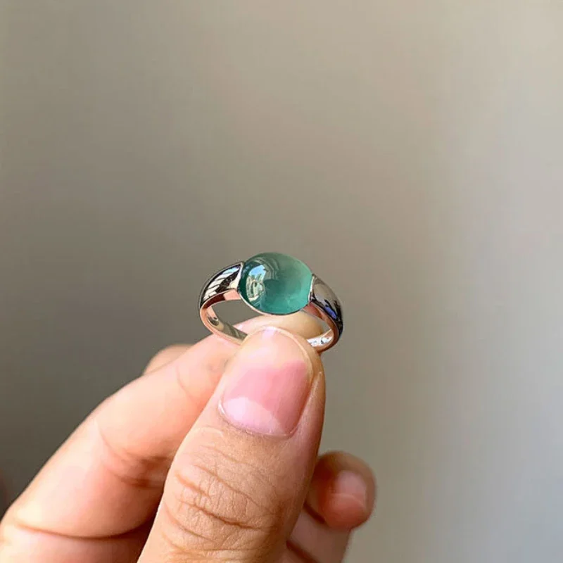 Creative silver inlaid natural ice chalcedony round bead glossy Rings ...