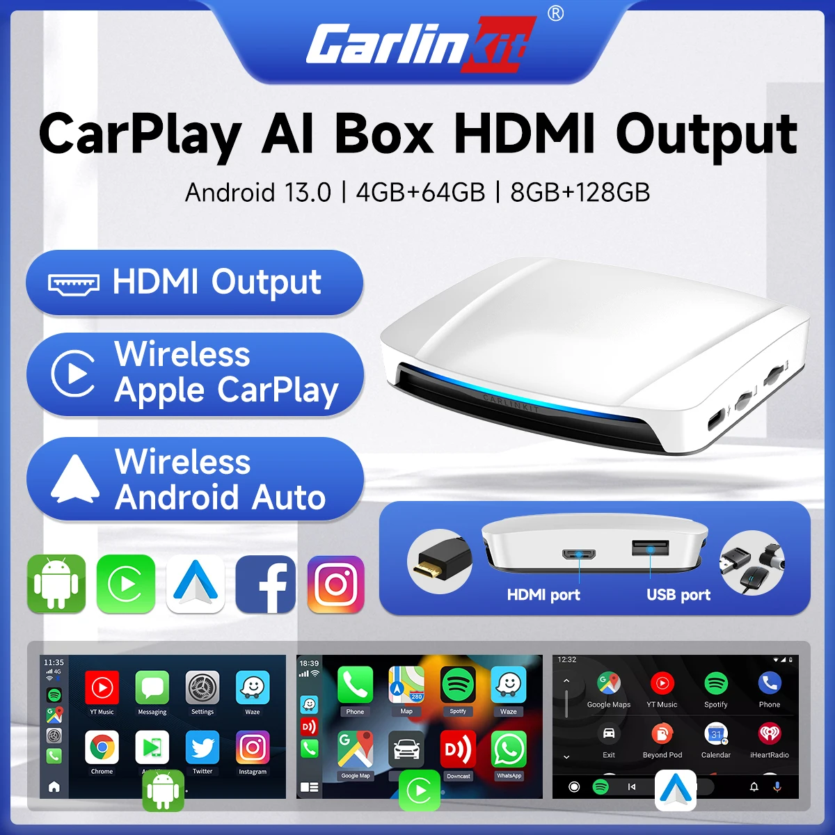 HDMI CarlinKit 8G + 128G CarPlay Ai Box 안드로이드 13.0 무선 안드로이드 자동 CarPlay ...