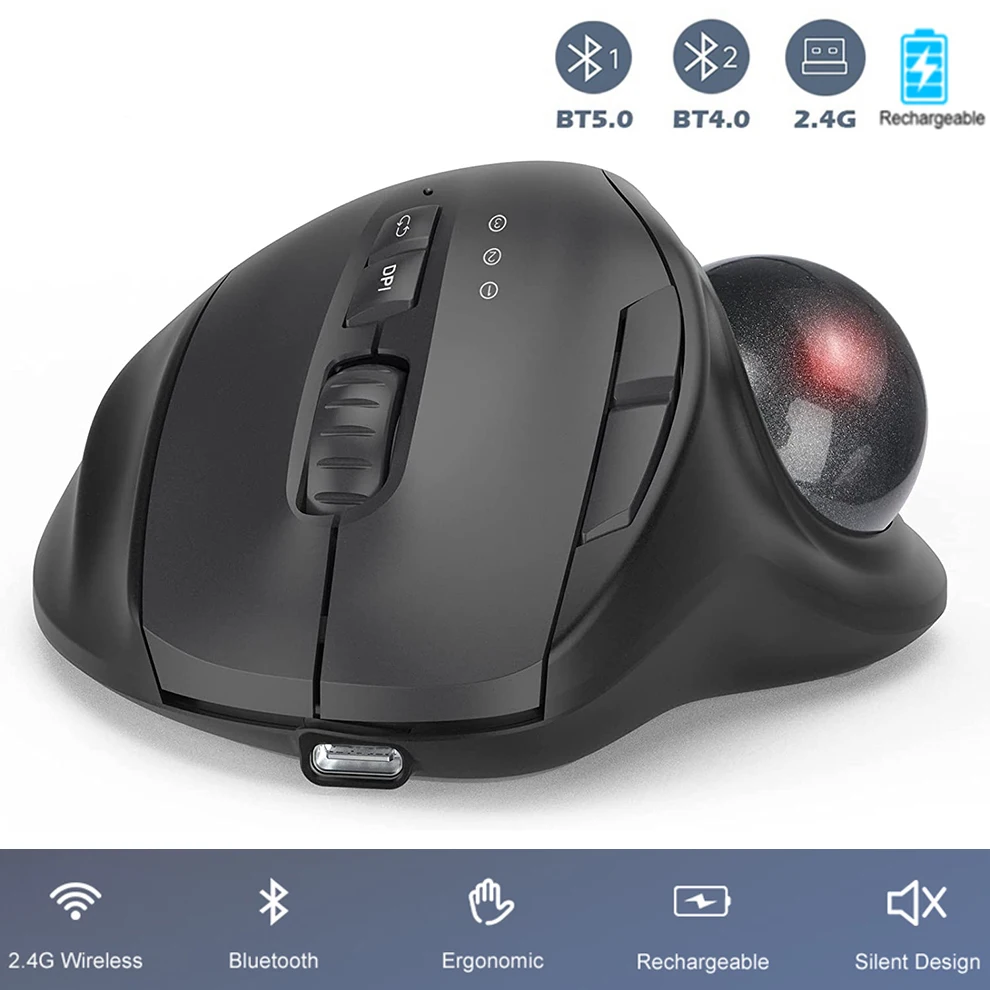 2.4G Wireless Trackball Mouse Bluetooth Rechargeable Rollerball Mice ...
