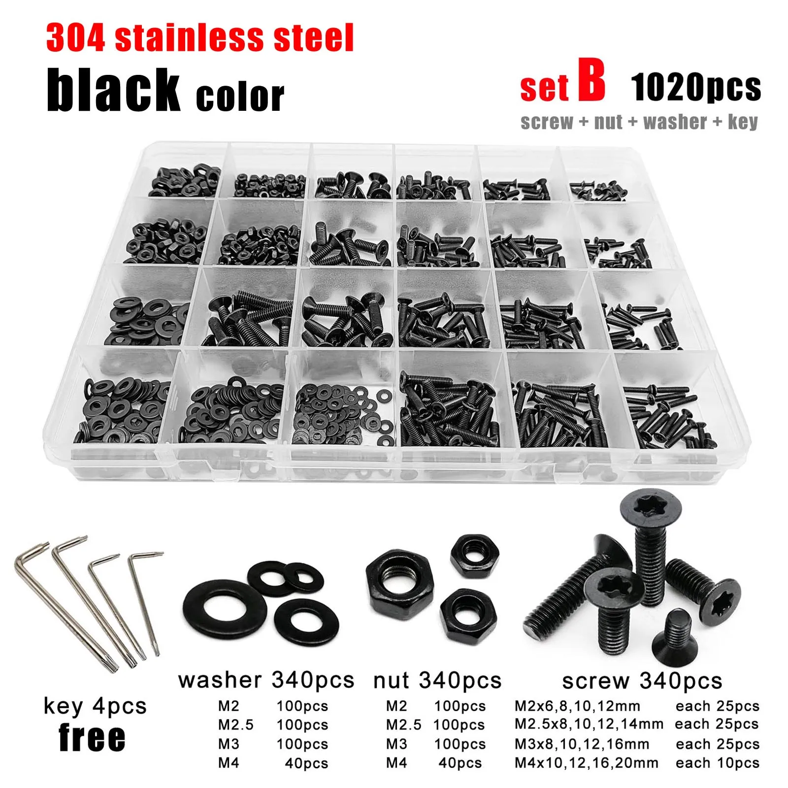 285-1020pcs-Mix-M2-M2-5-M3-M4-M5-Black-304-Stainless-Steel-Six-Lobe ...