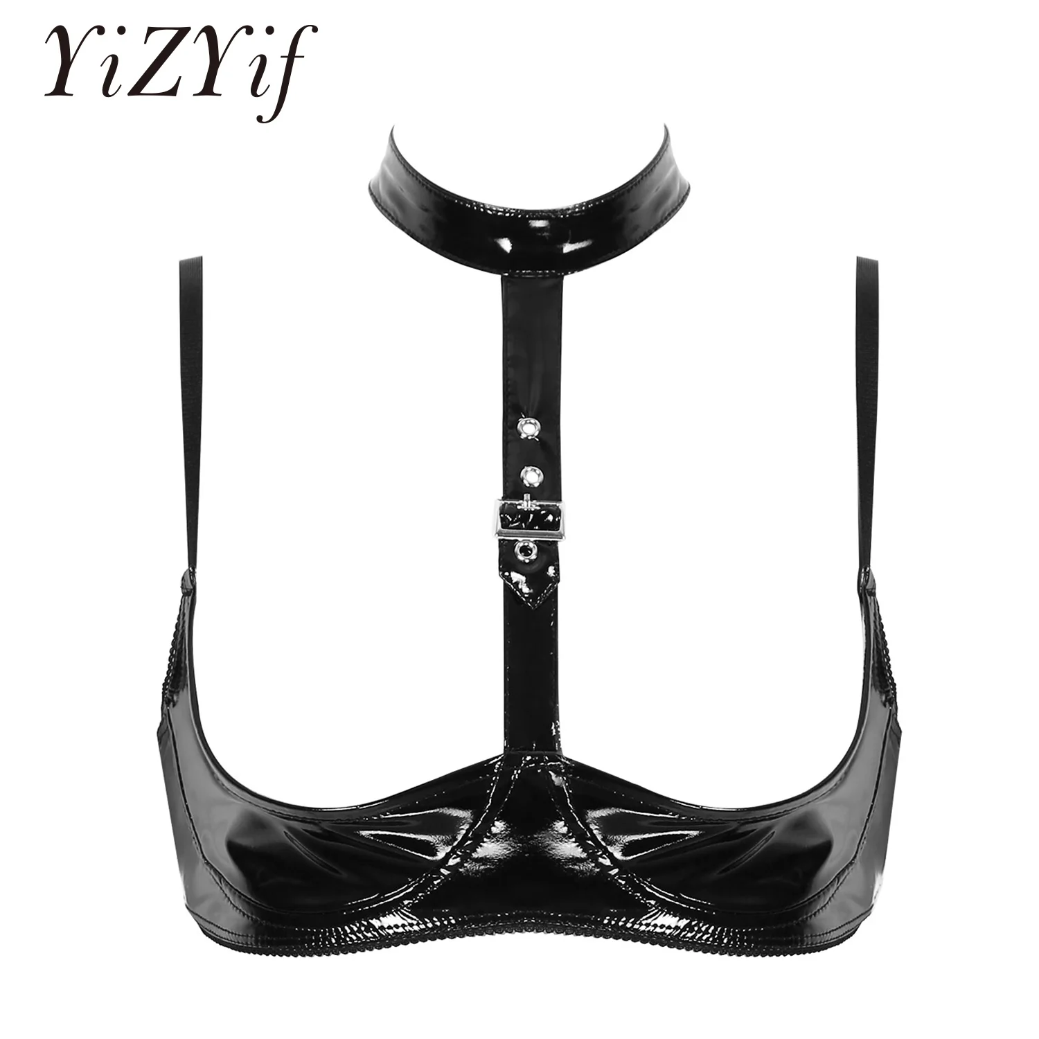 Women-open-cup-bra-with-neckline-sexy-Bra-tops-Patent-Leather-Lingerie ...