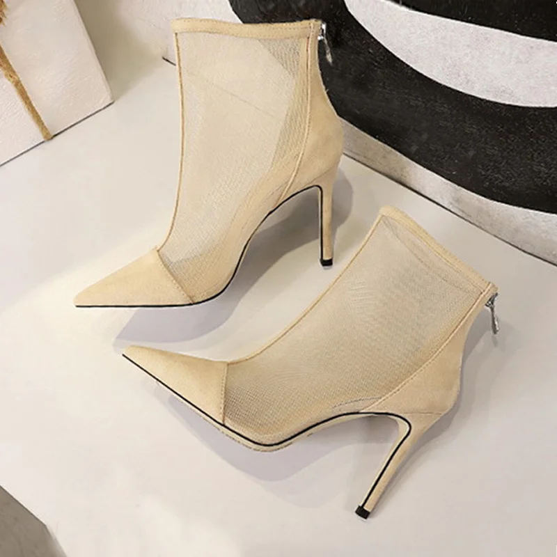 Spring Autumn New Sexy Mesh Ankle Boots Women Pointed Toe Stiletto ...