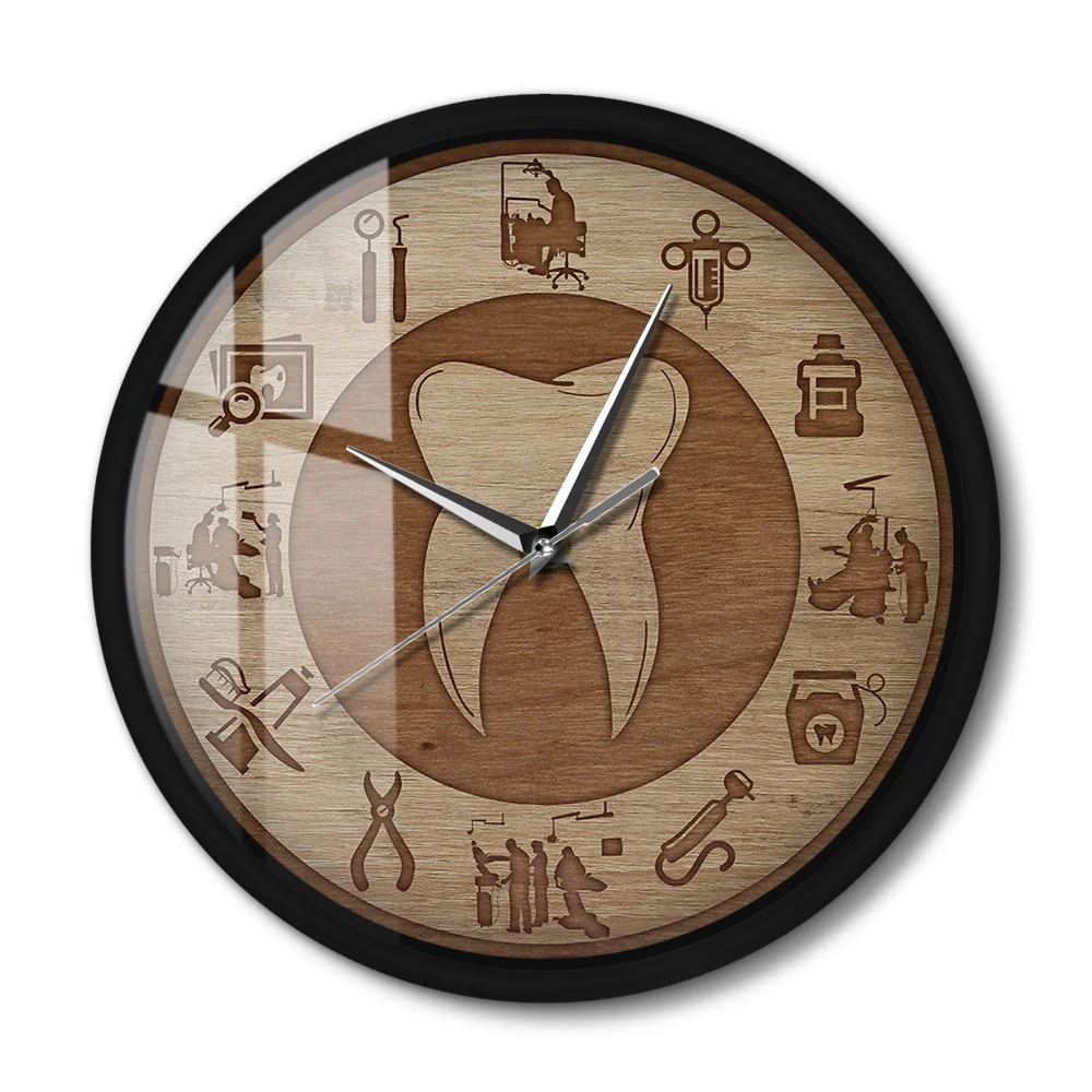 Dental Design Wood Texture Metal Frame Wall Clock Silent Quartz Wall ...