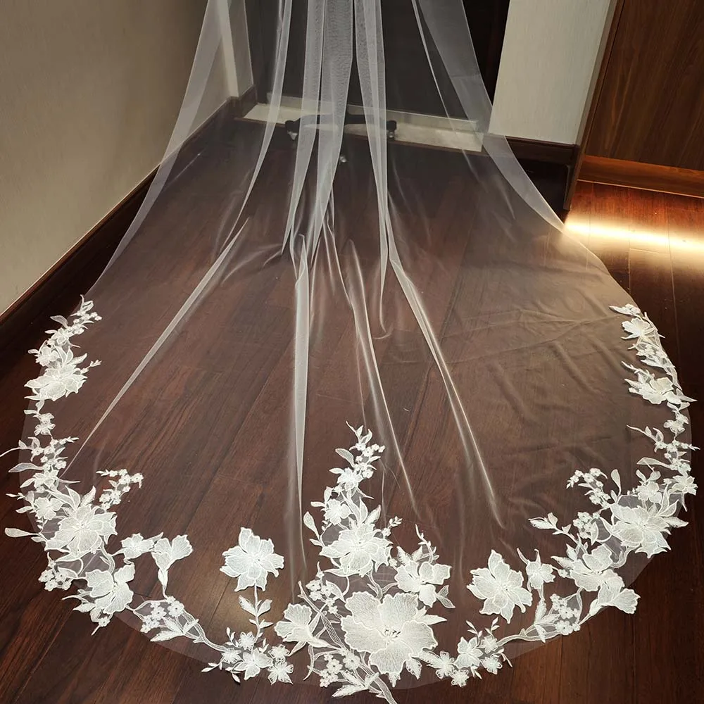 Flora-Lace-Wedding-Veil-with-Comb-Vintage-1-Layer-3-Meters-long-Bridal ...