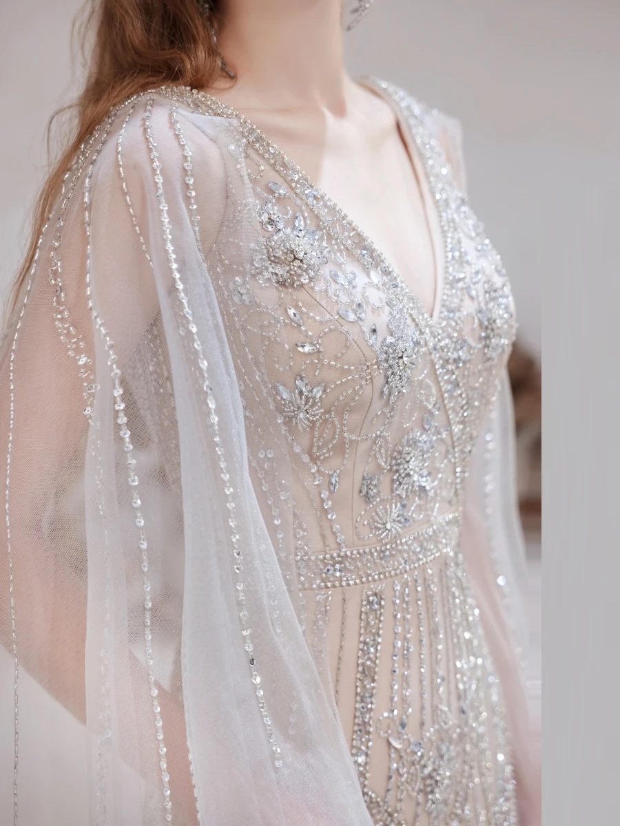 Noble-Luxury-Heavy-Handwork-Prom-Cape-Sleeve-Gown-V-Neckline-Club-Slit ...