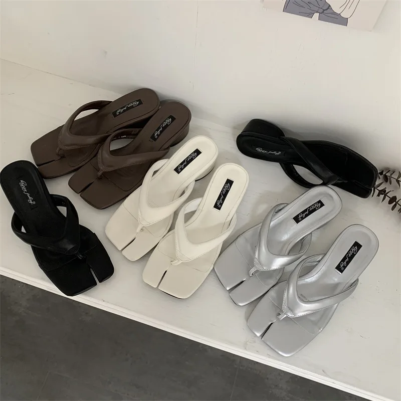 2026 Summer Split Toe flip flops women designer round med-high heels ...