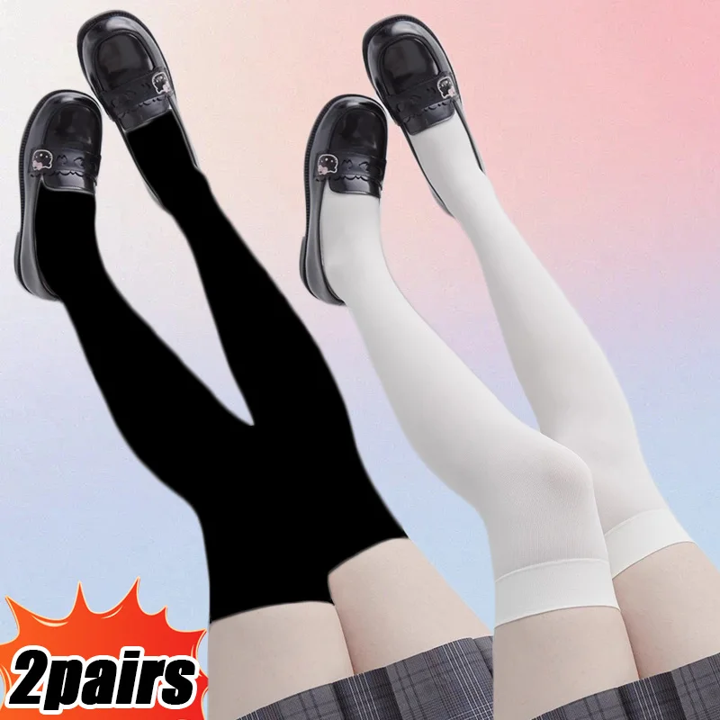Solid Color Lolita Long Stockings JK Women Girls Cute Black White ...