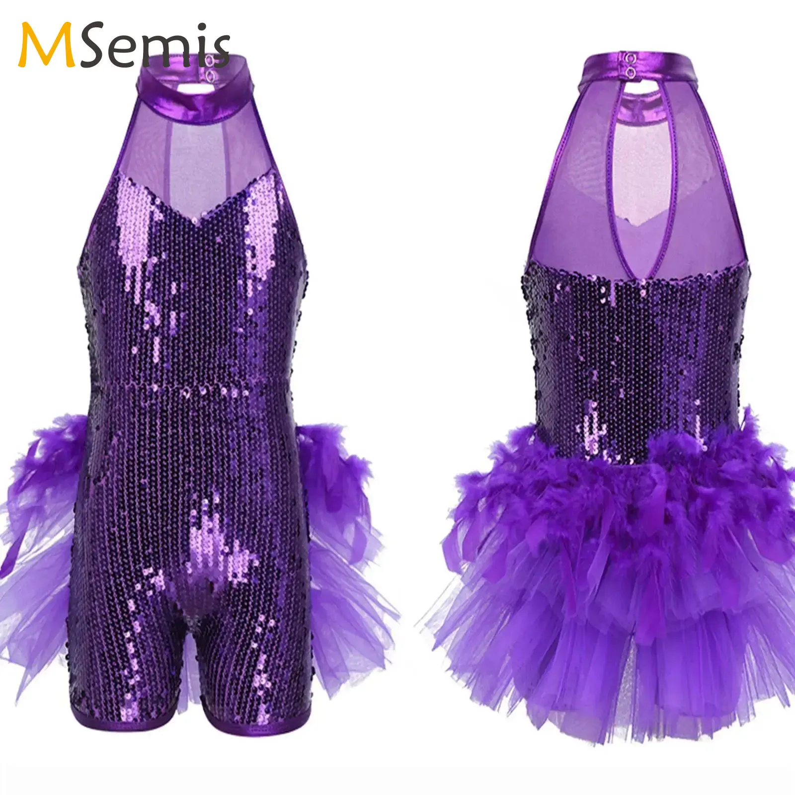Kids-Girls-Shiny-Sequins-Feather-Jazz-Ballet-Dance-Shorty-Unitard-Dress ...