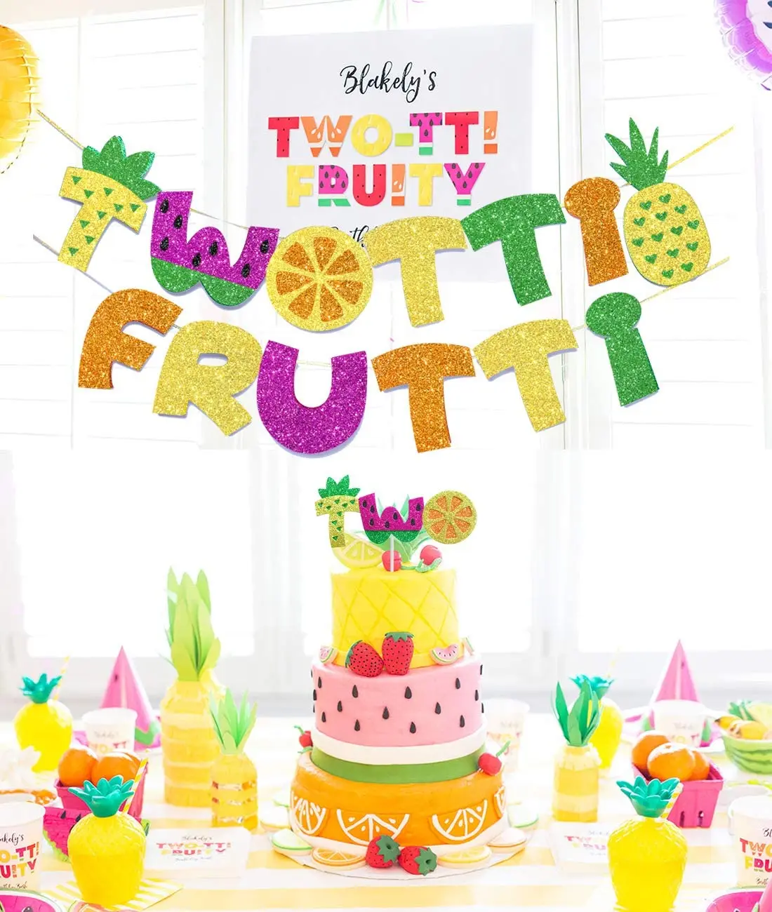 Dancing Fruit 1st Birthday Decorations Fruit Cake Topper Glitter Gold ...