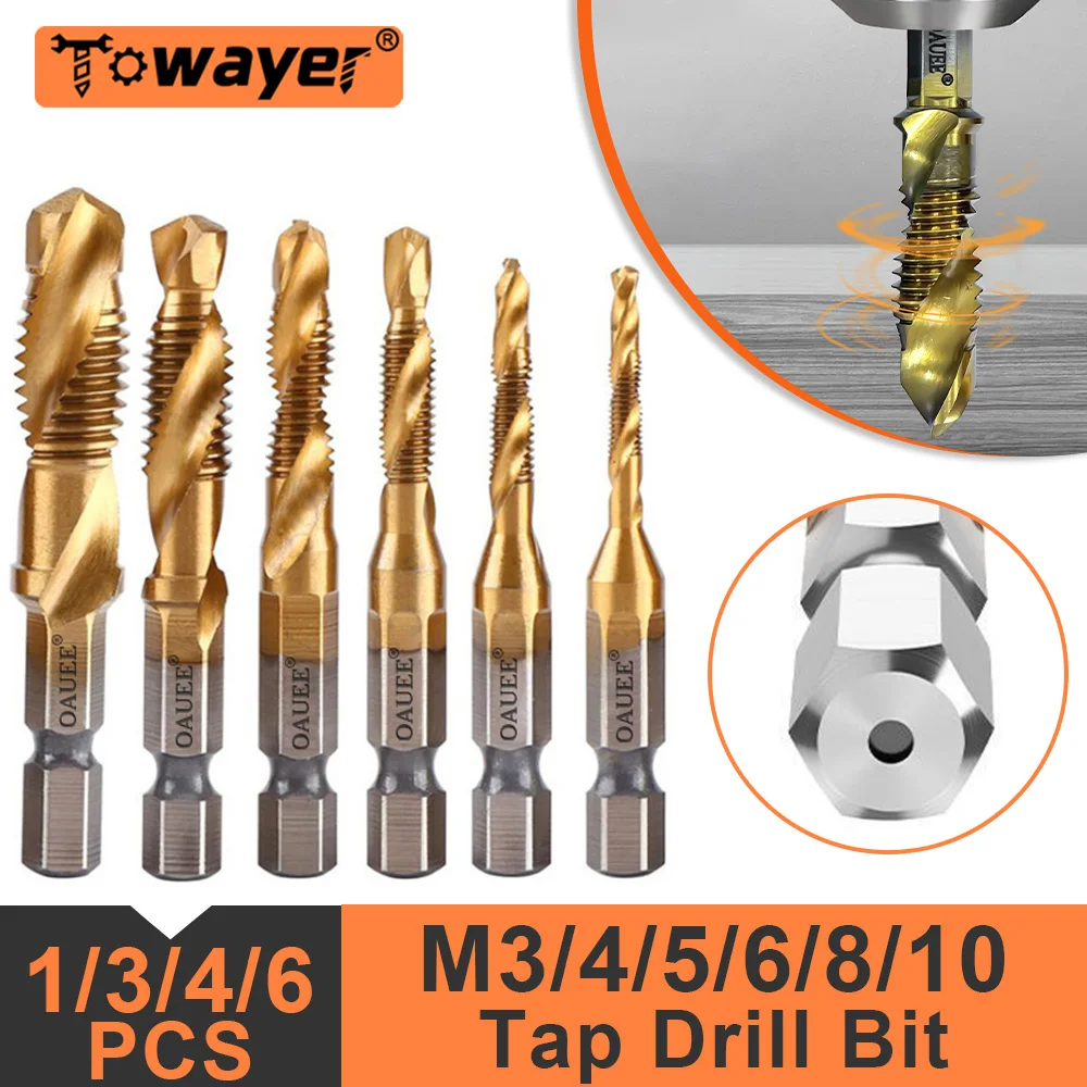 Titanium-Tap-Drill-Bit-Set-Hex-Shank-Plated-HSS-Wood-Drilling-Thread ...