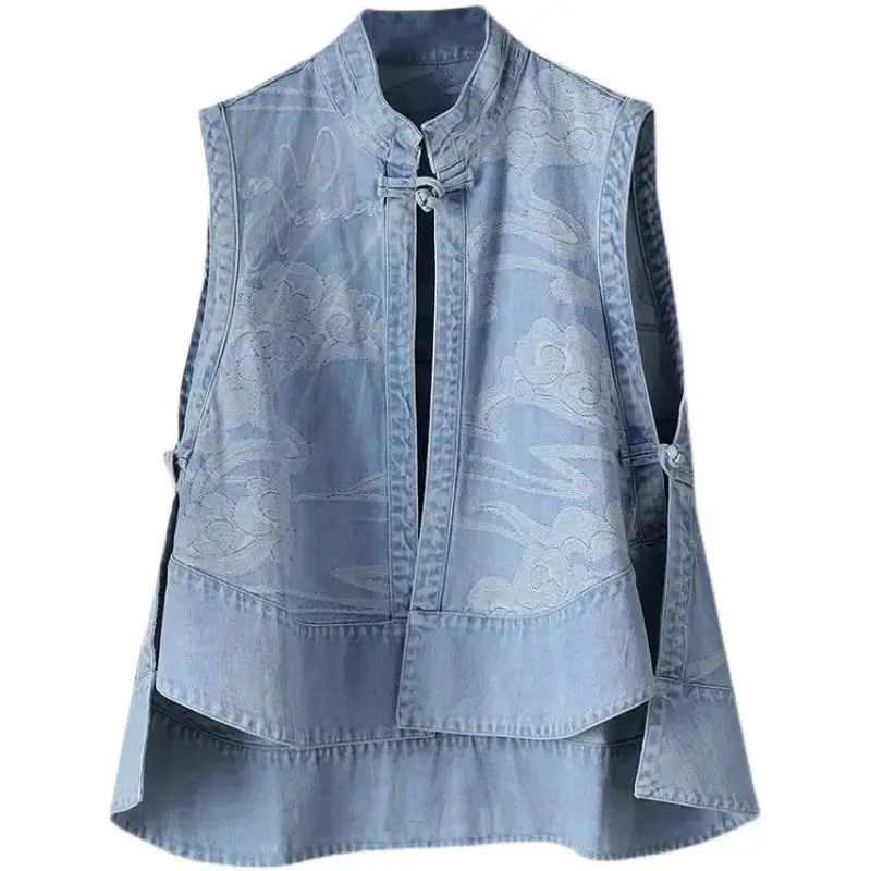 Ethnic Chinese Style Buckle Spring Summer Denim Vest Wearing A New Plus ...
