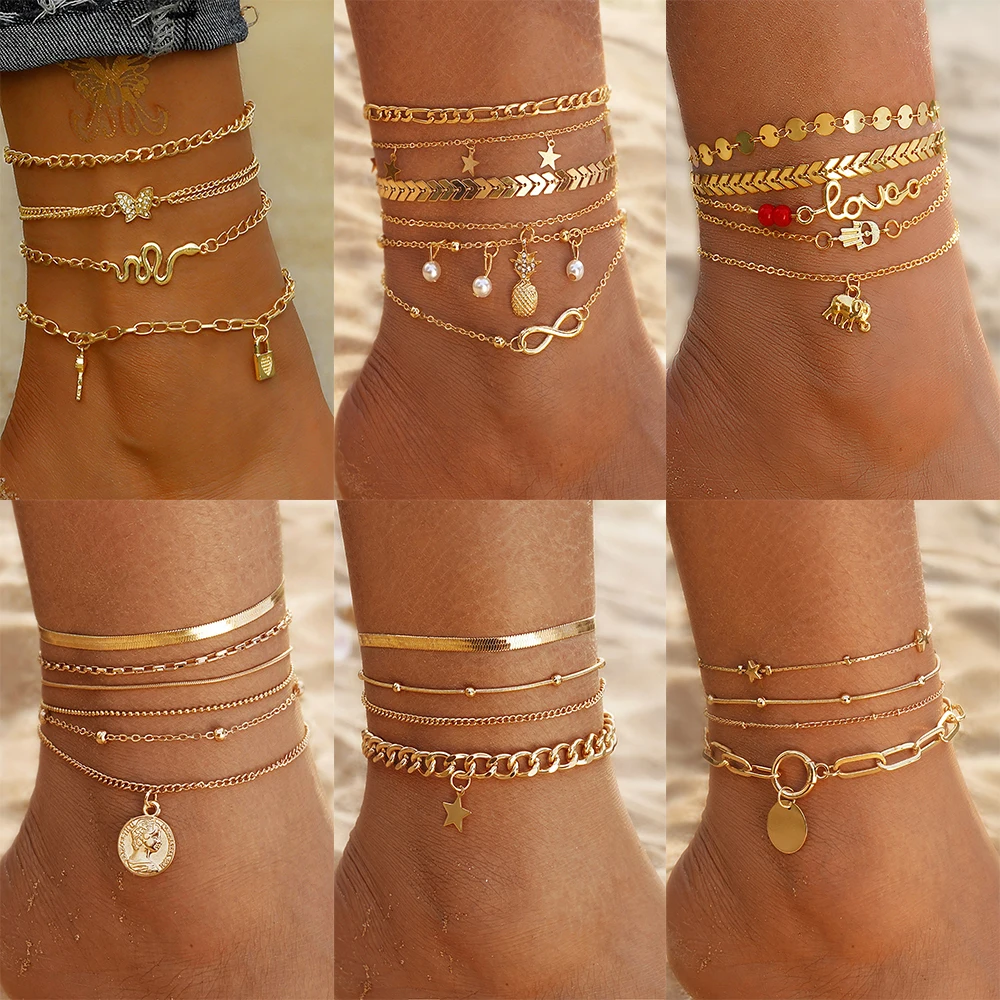 Bohemia-Gold-Color-Snake-Ankle-Bracelet-Set-For-Women-Butterfly-Key ...