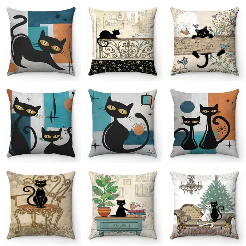 Cartoon-Cat-Pillow-Cover-45x45cm-Cute-Black-Cats-Cushion-Cover-Home ...