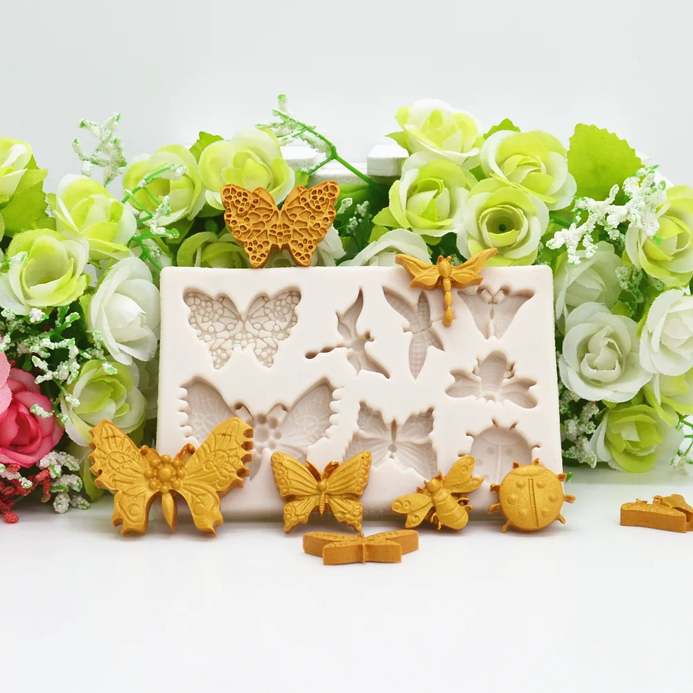 Silicone Cake Mold Butterflies Ladybugs Bees Fondant Mould Epoxy Resin ...