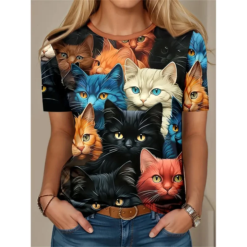 Funny Cat Graphic T Shirt Women Cartoon Animals 3D Printed T-Shirts ...