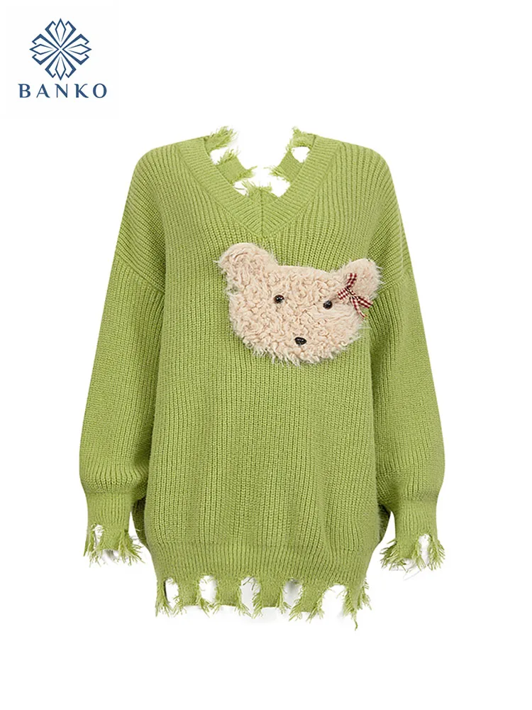 High-Street-V-Neck-Dog-Sweater-Chic-Women-Oversized-Knitted-Pullover ...