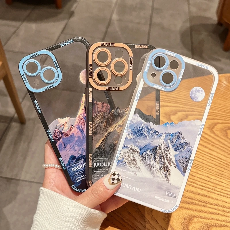 For iPhone 14 Pro Max 11 13 Case Sunset Moon Snow Mountain Phone Case ...