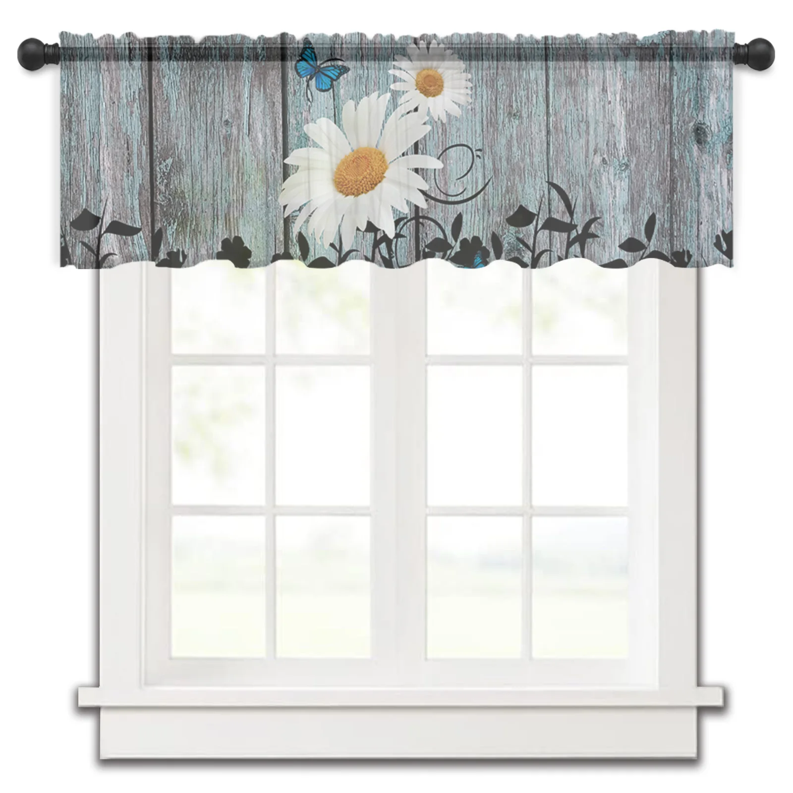 Daisy-Retro-Wood-Grain-Butterfly-Rod-Pocket-Short-Curtain-Half-Curtain ...