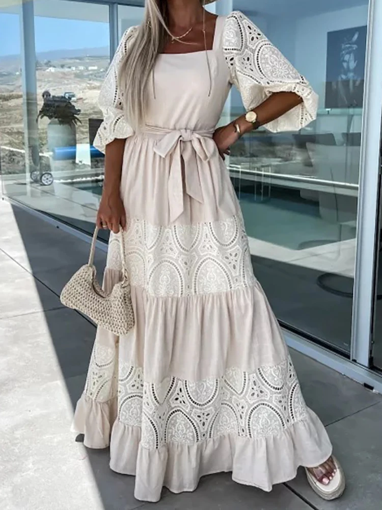 Vestido-largo-fruncido-de-encaje-con-cuello-cuadrado-para-mujer-Vestido ...
