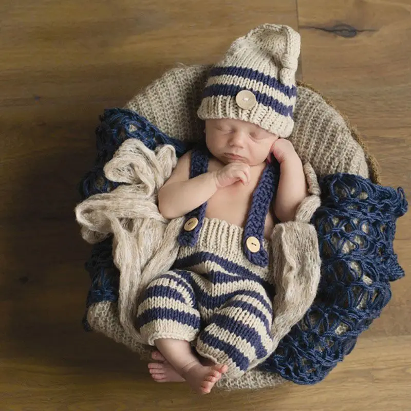 Baby Striped Knitted Hat and Jumpsuit Newborn Baby Boys Crochet Knit ...