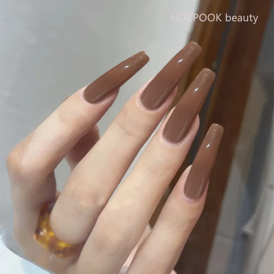 24pcs Light Coffee Long T Wearing Reusable False Nails Seamless ...