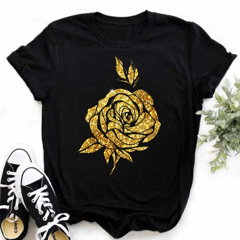 New-Maycaur-Fashion-Gold-Rose-Print-Women-T-Shirt-Short-Sleeves-Tshirts ...