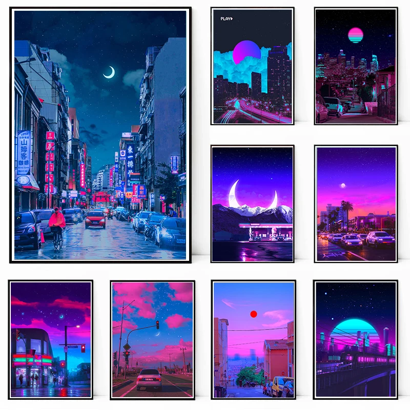 Neon-Anime-Style-Sunset-Moon-Poster-Canvas-Painting-Prints-Wall-Art ...