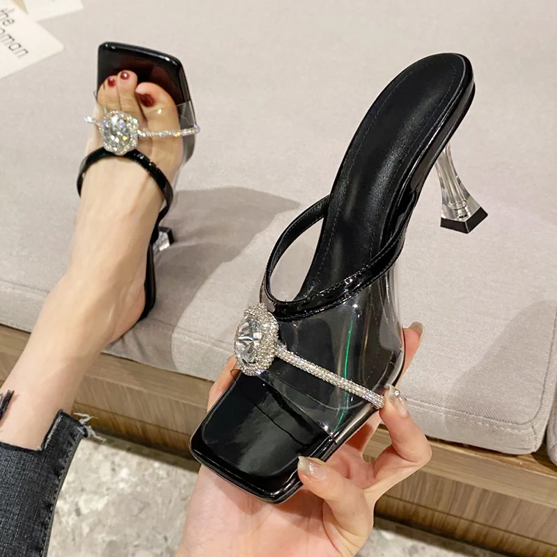 Shiny Big Rhinestone Sandals for Women Summer Transparent PVC Square ...