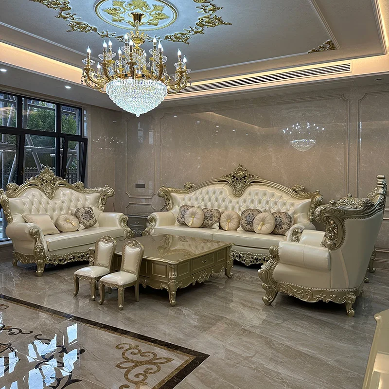 European leather sofa solid wood luxury villa large living room simple ...