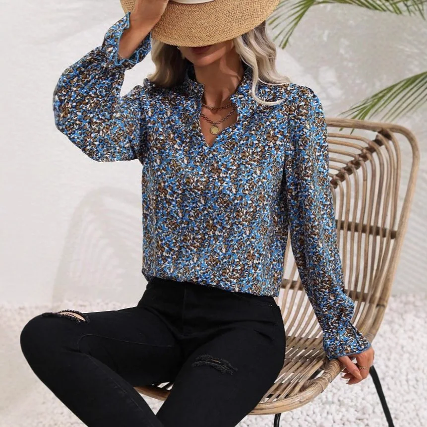 Casual Floral Print French Style Shirt Long Sleeve V-Neck Women's ...
