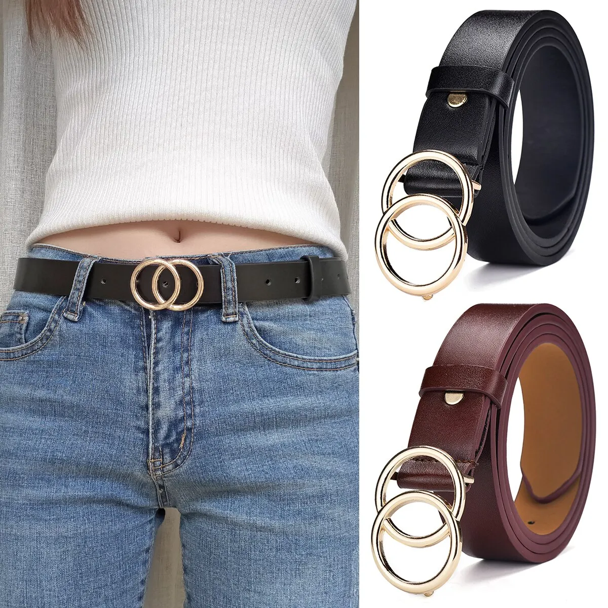 Women-s-Belt-Trend-Double-Round-Buckle-Belt-Simple-And-Versatile-Youth ...