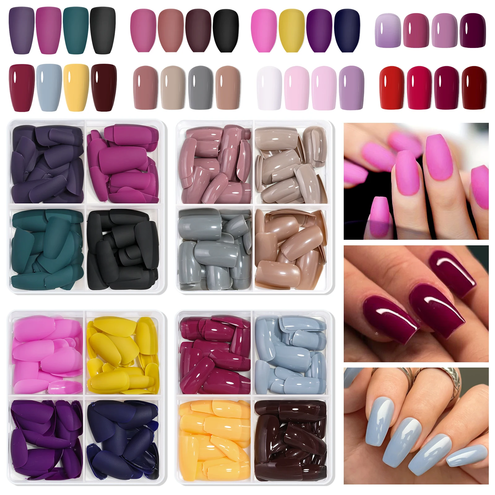 96pcs-Boxed-4color-Short-Nail-Tips-Ballet-Coffin-Square-Full-Cover-Matte-Bright-False-Nails ...