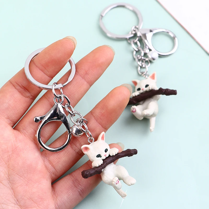 Cute-Animal-Cat-Keychain-Naughty-Cat-With-Branch-Play-Pendant-Key-Rings ...