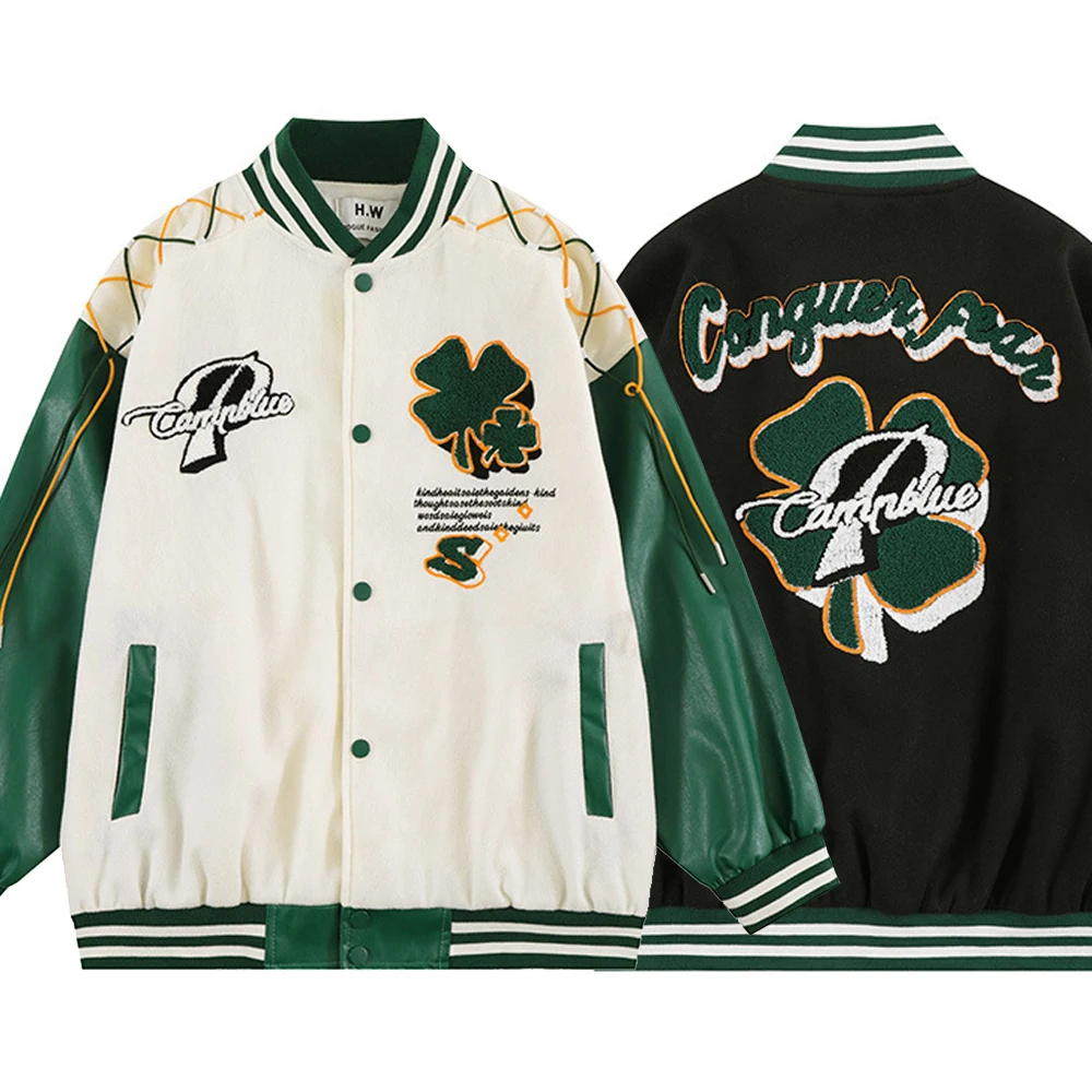 New-Streetwear-Baseball-Jacket-Men-Oversize-Embroidery-Clover-PU ...