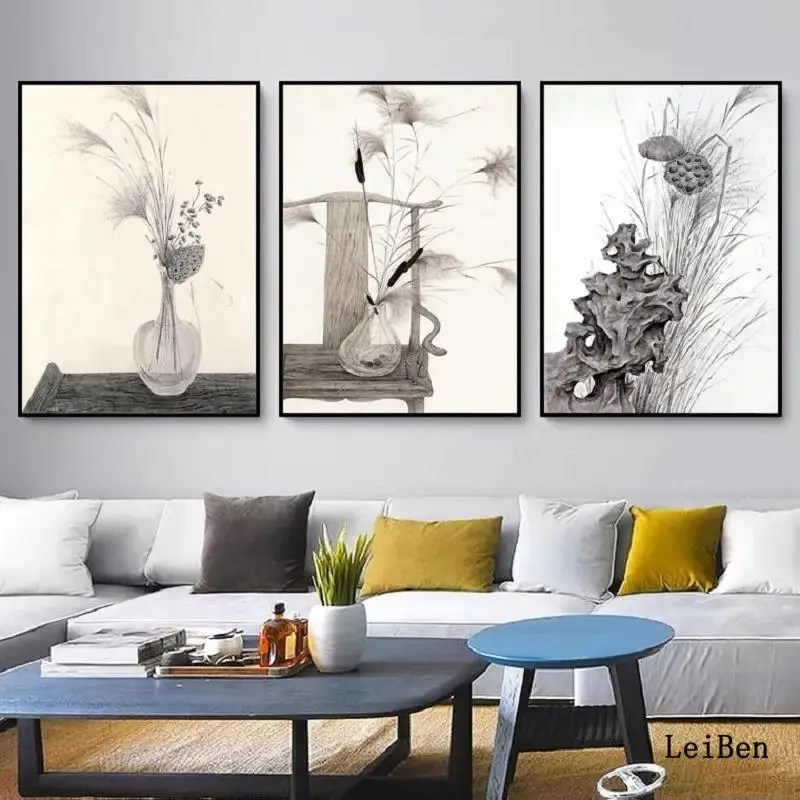 Chinese Style Painting Reeds Lotus Dry Plants Canvas Poster Simple ...