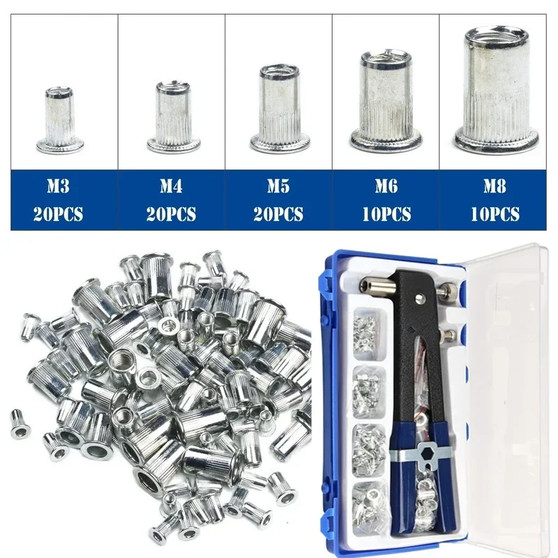 86Pcs-M3-M8-Blind-Hand-Rivet-Nuts-Threaded-Insert-Rivet-Tool-Riveter ...