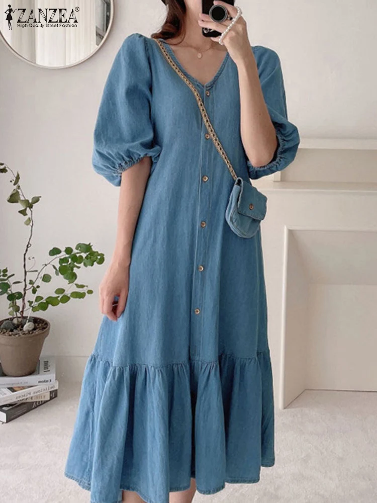 ZANZEA-Women-Denim-Blue-Robes-Longue-Fashion-Puff-Sleeve-Maxi-Vestidos ...