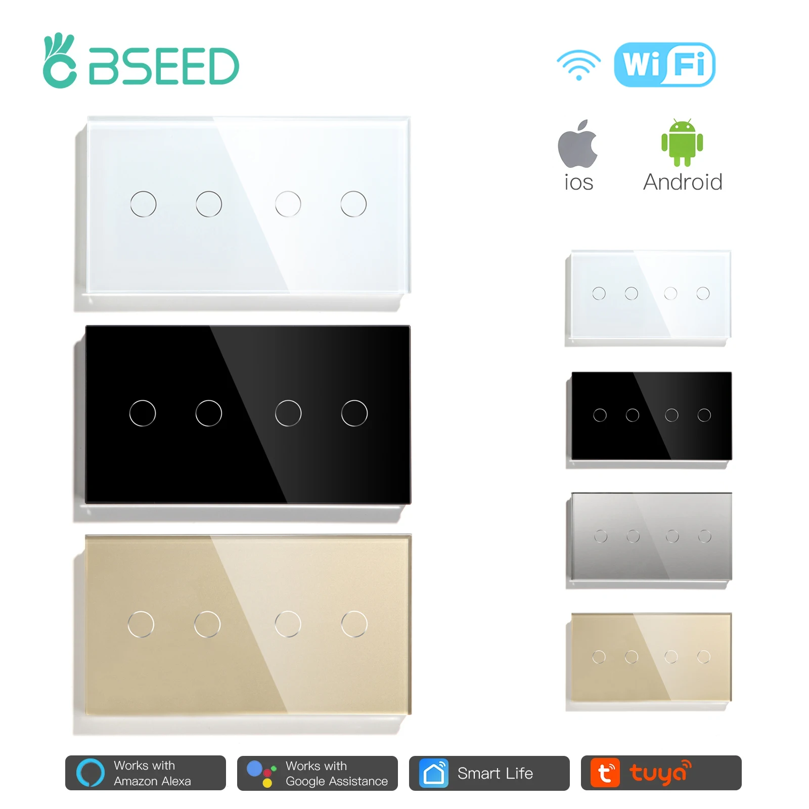 Bseed EU UK Wifi Touch Switches 4 Gang Light Switch Crystal Led Panel ...