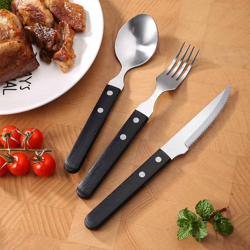 Western Stainless Steel Cutlery Set Plastic Handle Spoons Forks Steak ...