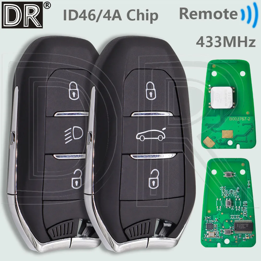 DR ID46/4A PCF7945/53 433MHz Proximity Car Remote Key For Peugeot 208 ...